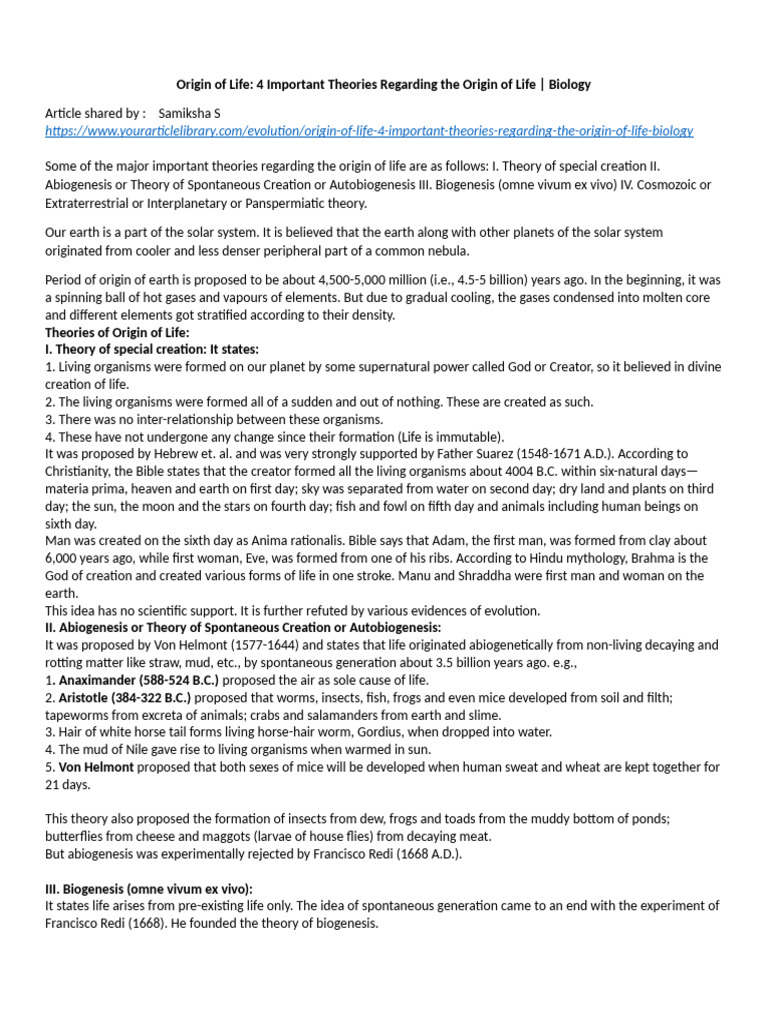 Origin of Life Handout | PDF