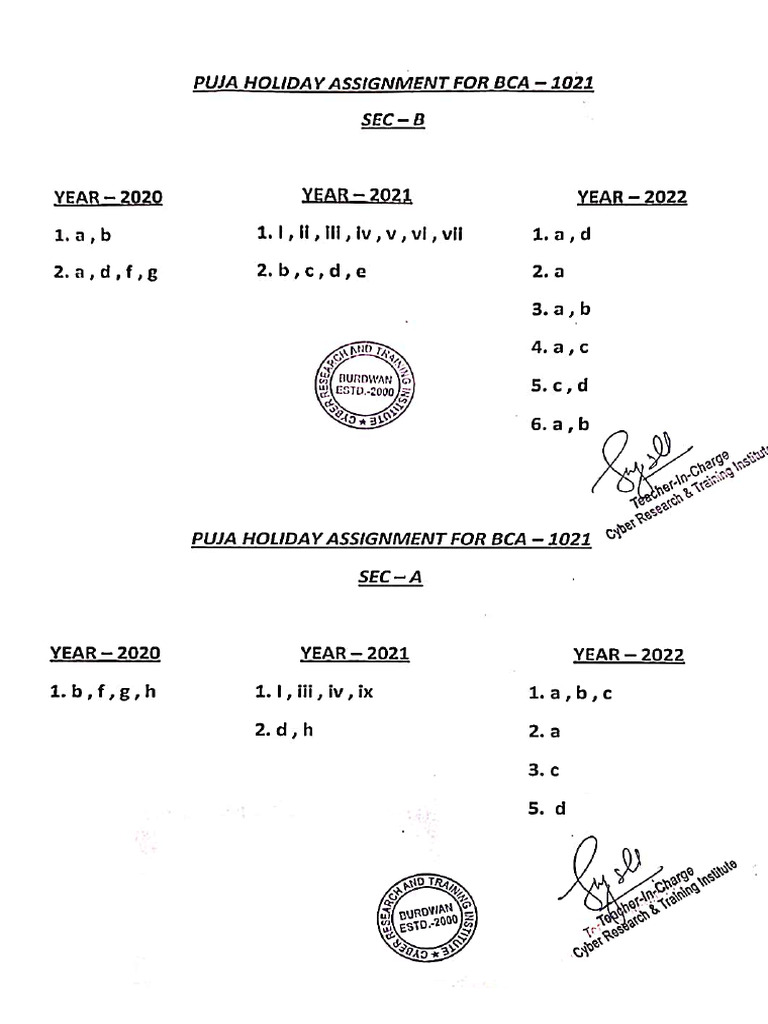 PUJA Holiday Assignment For BCA-1021 | PDF