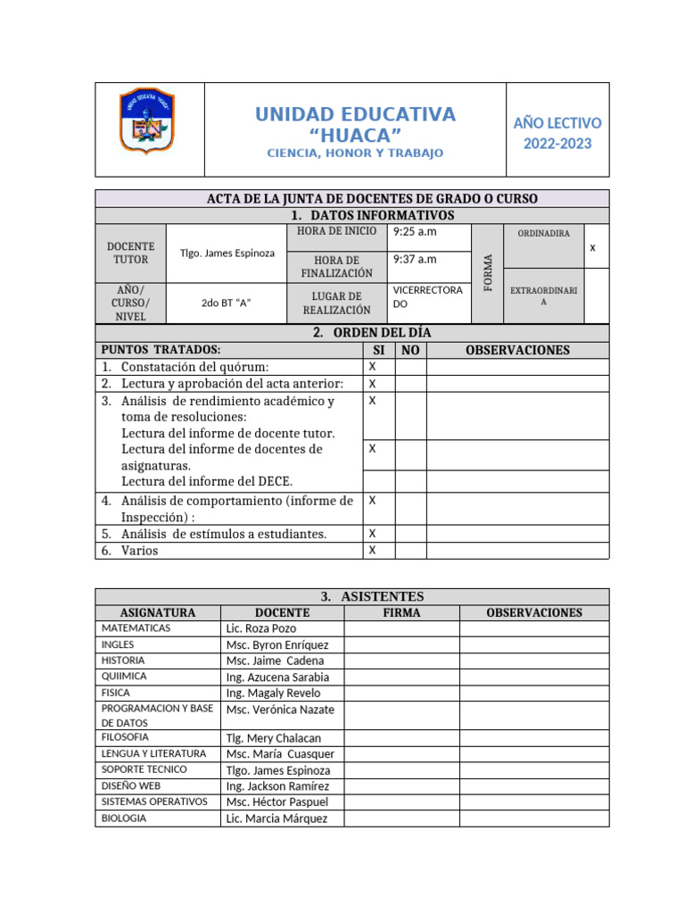 Esquema de Acta Junta de Curso | PDF