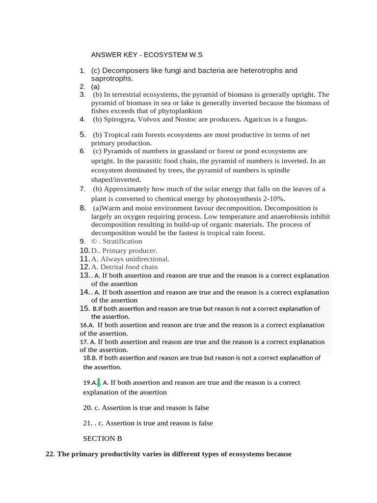 Answer key ecosystem w.s | PDF