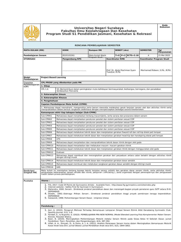 RPS Pembelajaran Senam | PDF