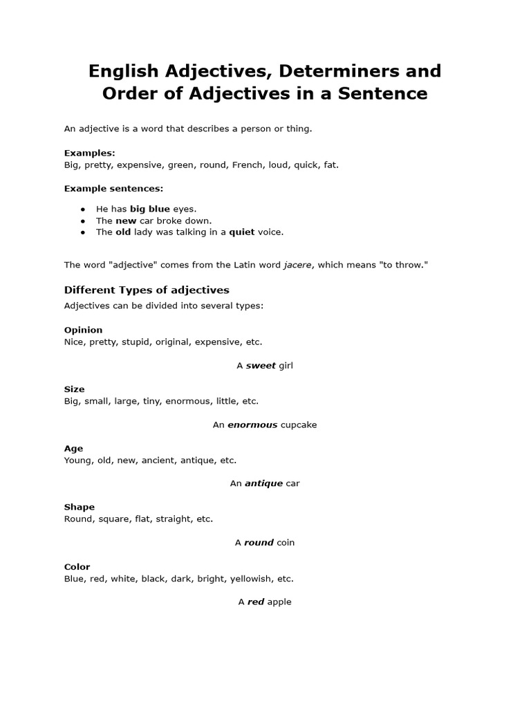 English Adjectives, Determiners and Order of Adjectives in A Sentence | PDF