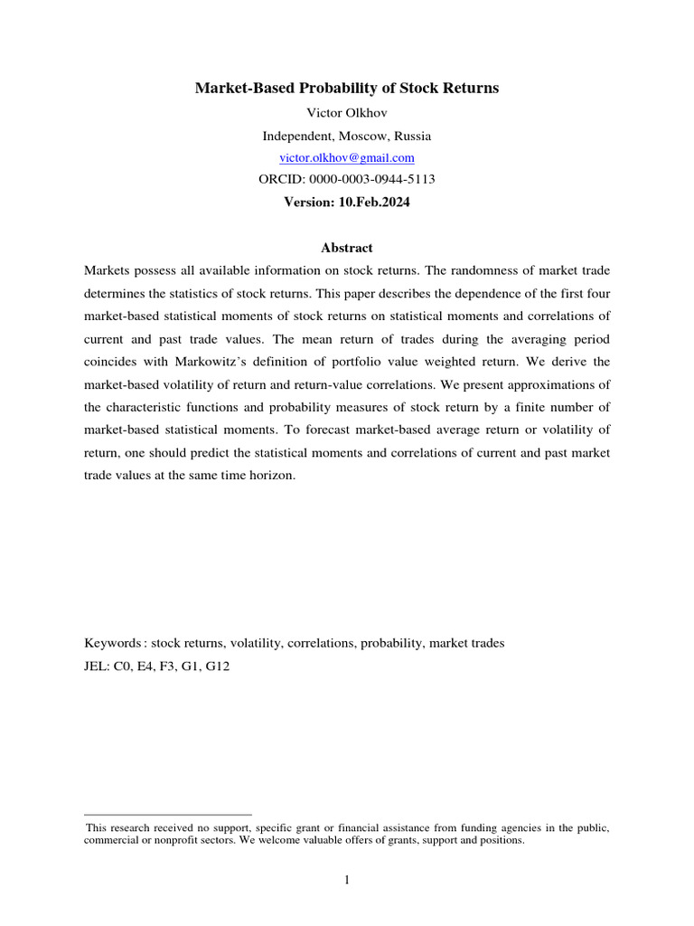 Market-Based Probability of Stock Returns: Version: 10.feb.2024 | PDF