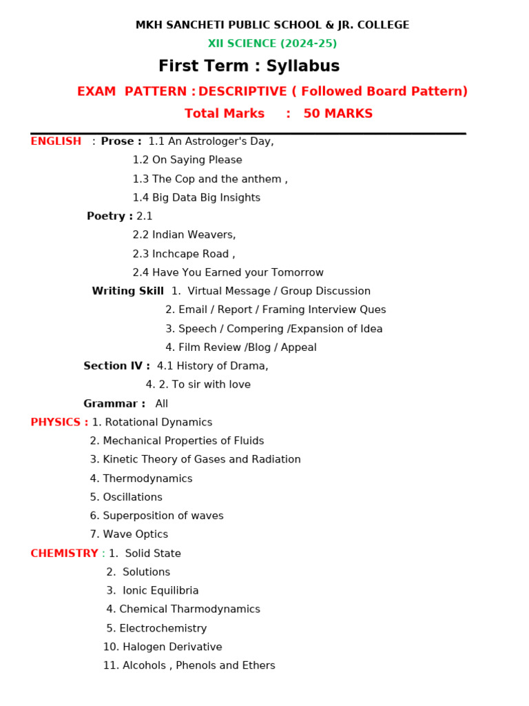 12TH FIRST TERM Syllabus (2024-25) | PDF