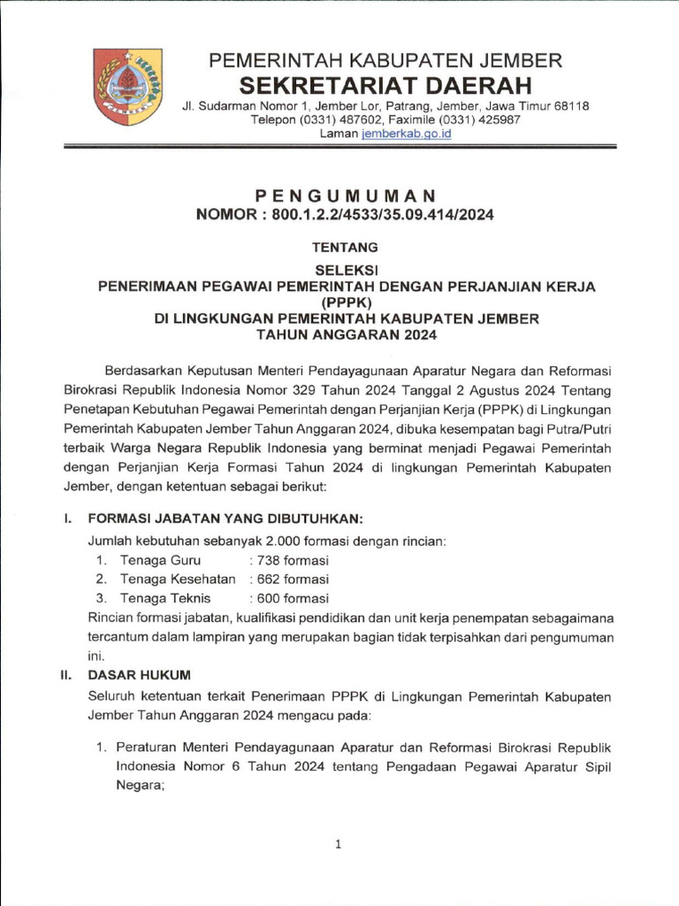 Pengumuman Seleksi Penerimaan PPPK Ta 2024 | PDF