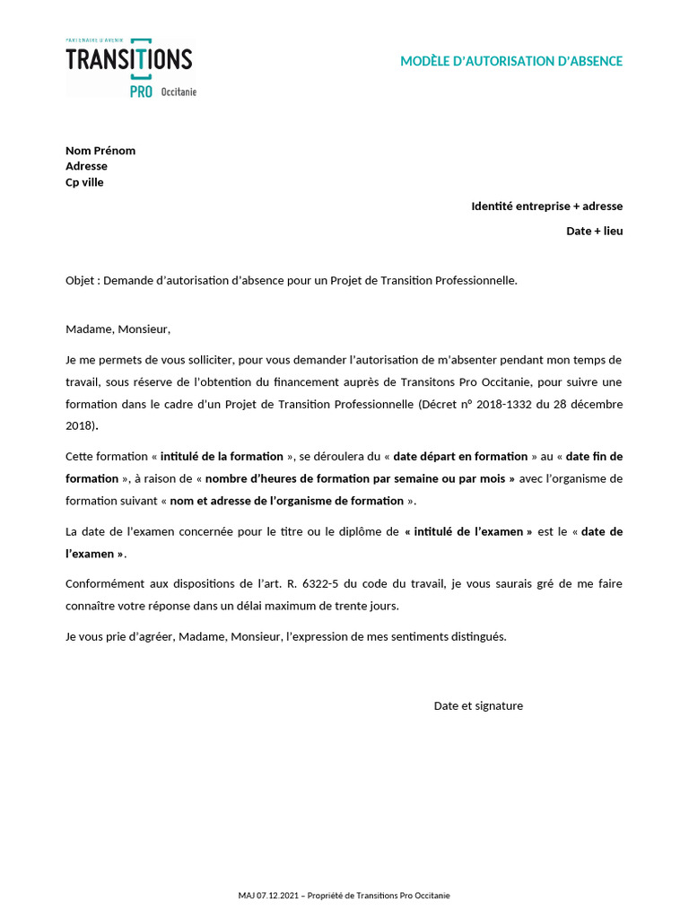 Transitionspro Occitanie Modele Demande Autorisation Absence | PDF