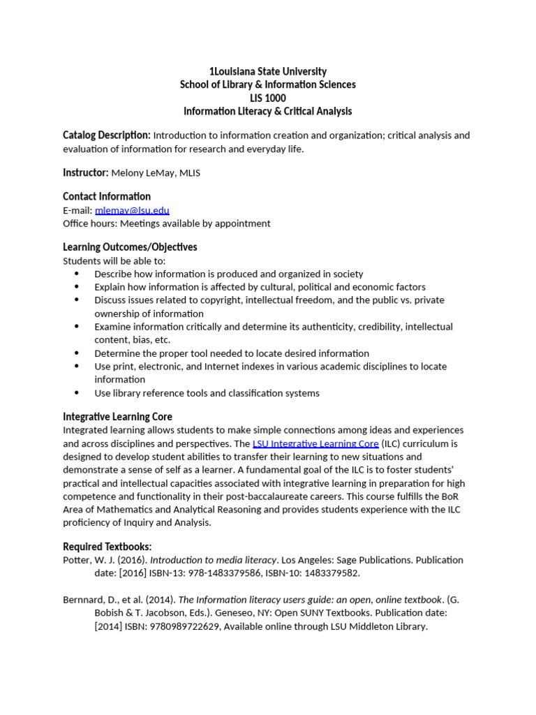 Syllabus LIS 1000 | PDF