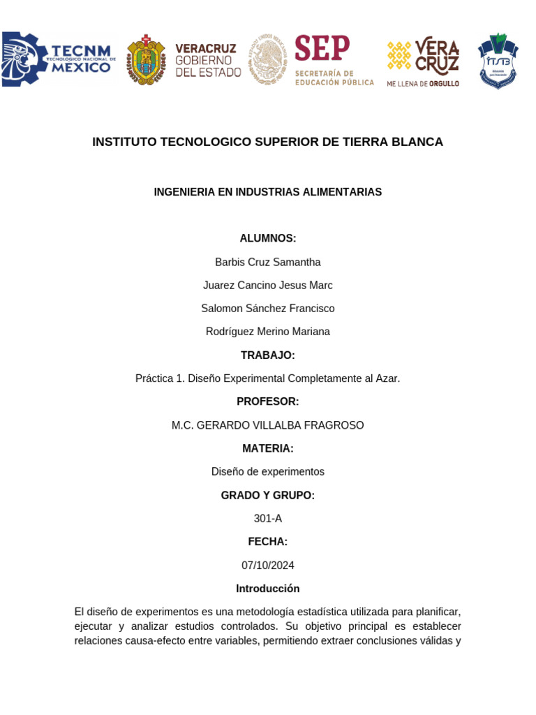 Práctica 1. Diseño Experimental Completamente Al Azar. | PDF | Diseño ...