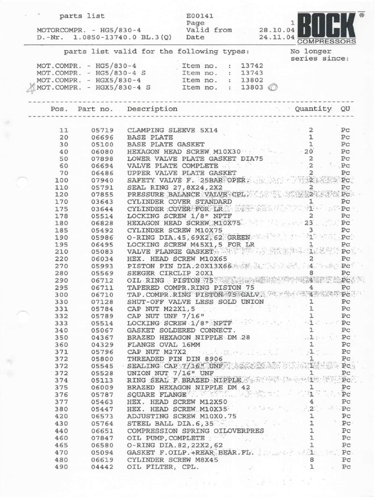 Parts List Bock | PDF