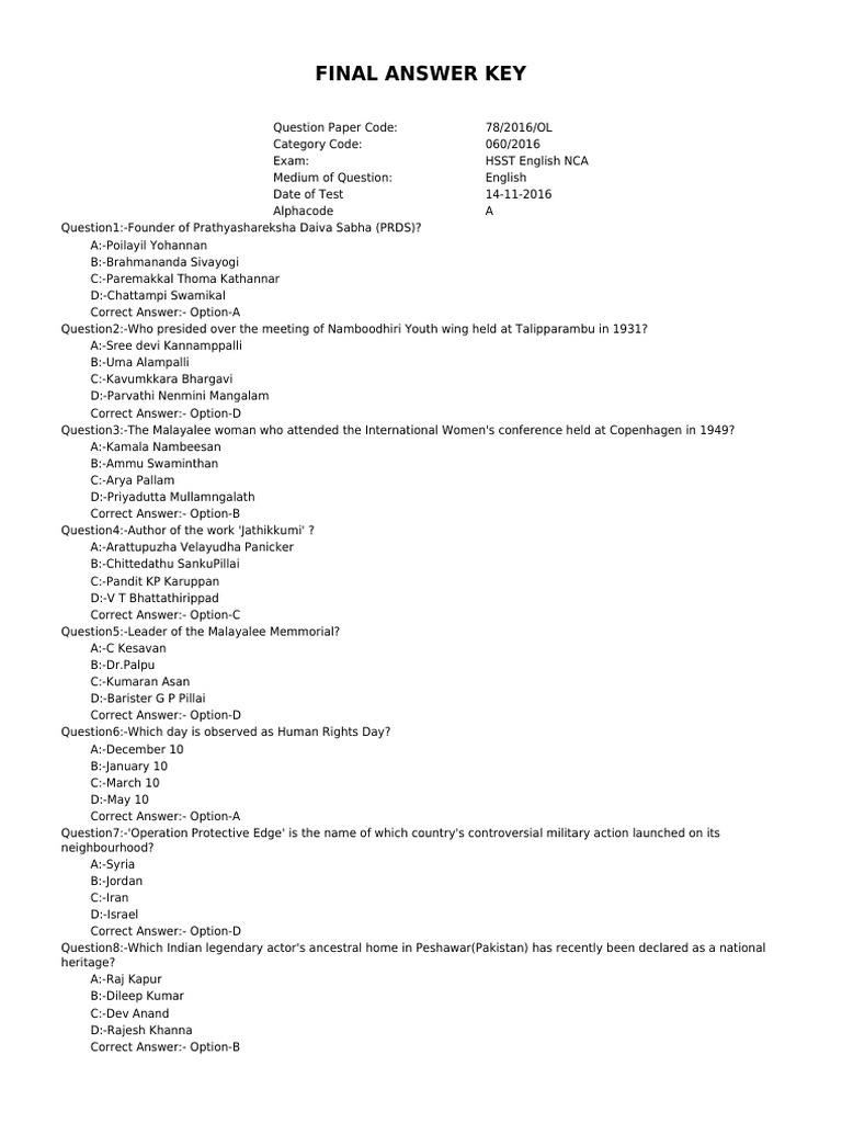 PSC HSST English NCA Previous Solved Question Paper 2016 | PDF