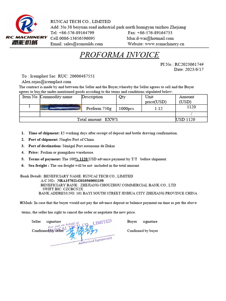 PI For Preform 1000pcs 750g Icemplast | PDF | Business | Business Law