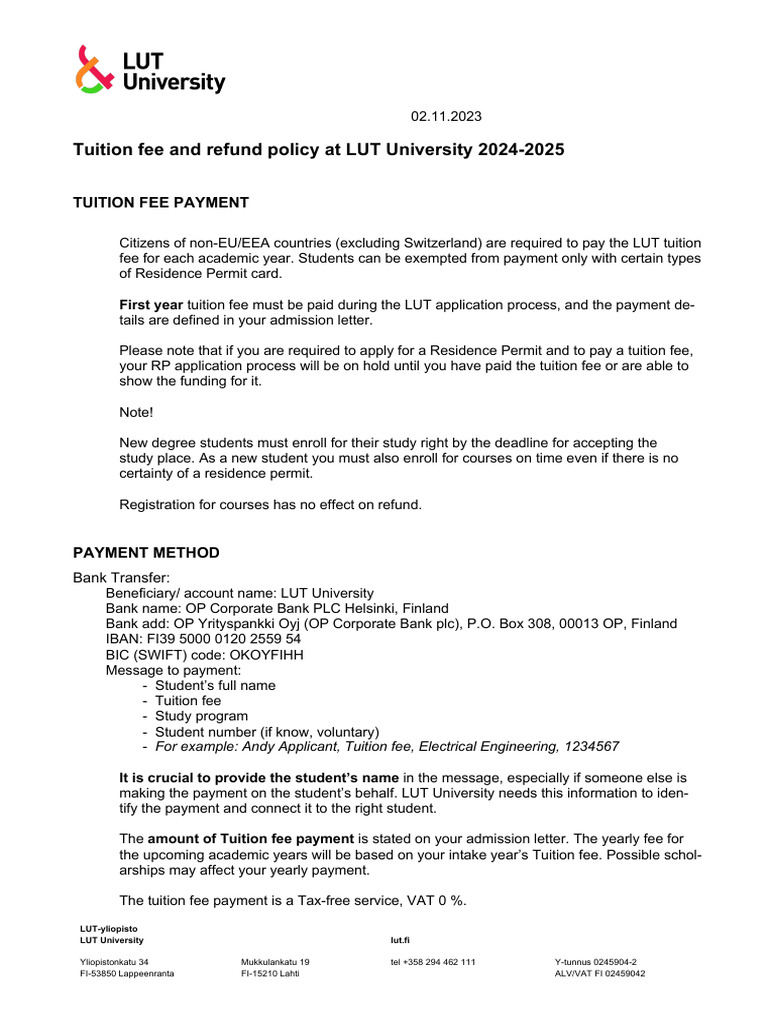 Lut University Refund Policy 2024 2025 | PDF
