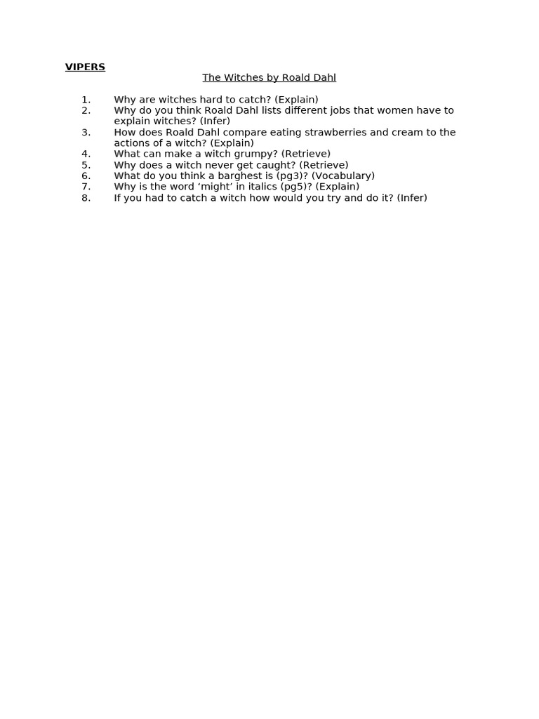 The Witches by Roald Dahl Questions Chapter 1 | PDF