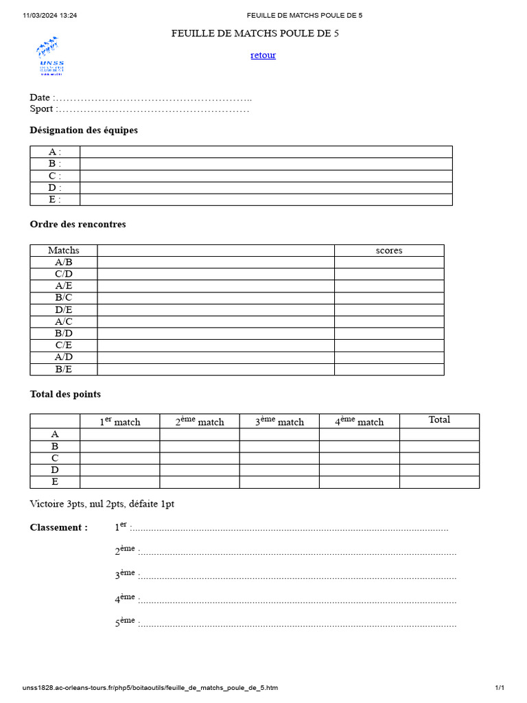 Feuille de Matchs Poule de 5 | PDF
