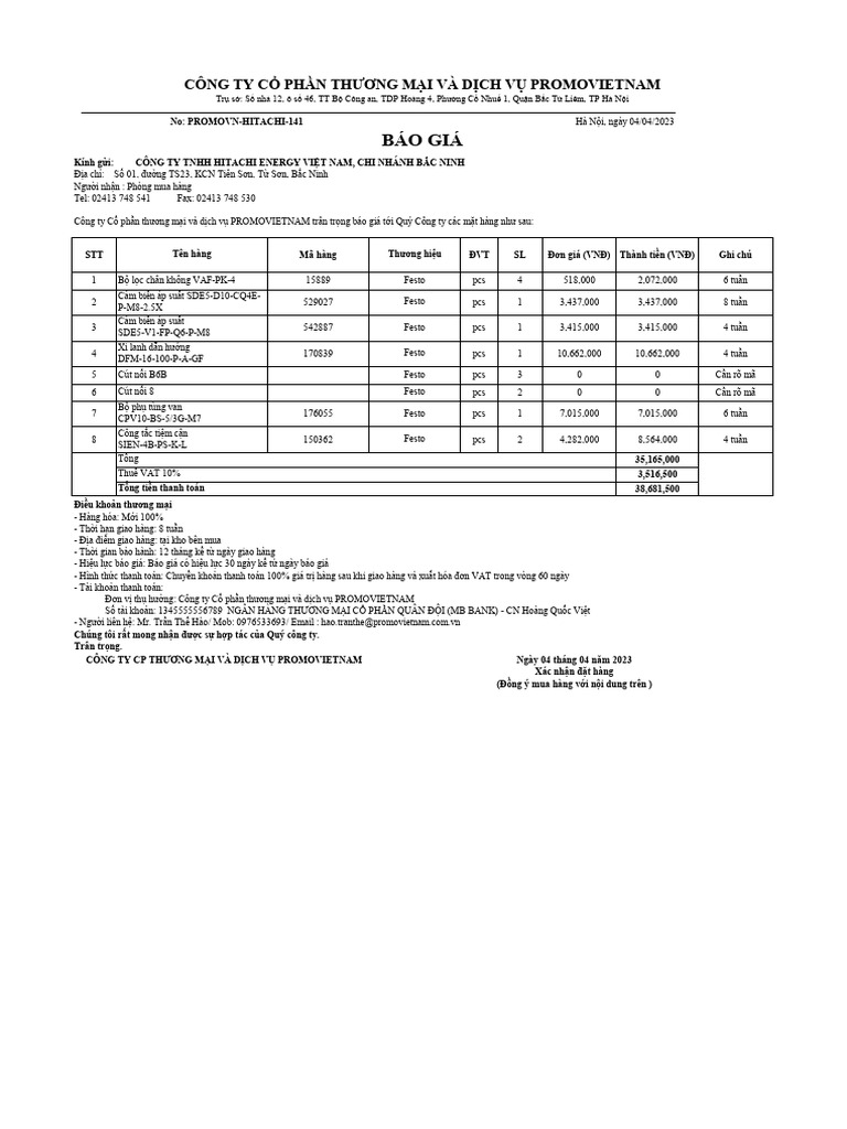 Quotation PROMOVN-HITACHI-141 | PDF