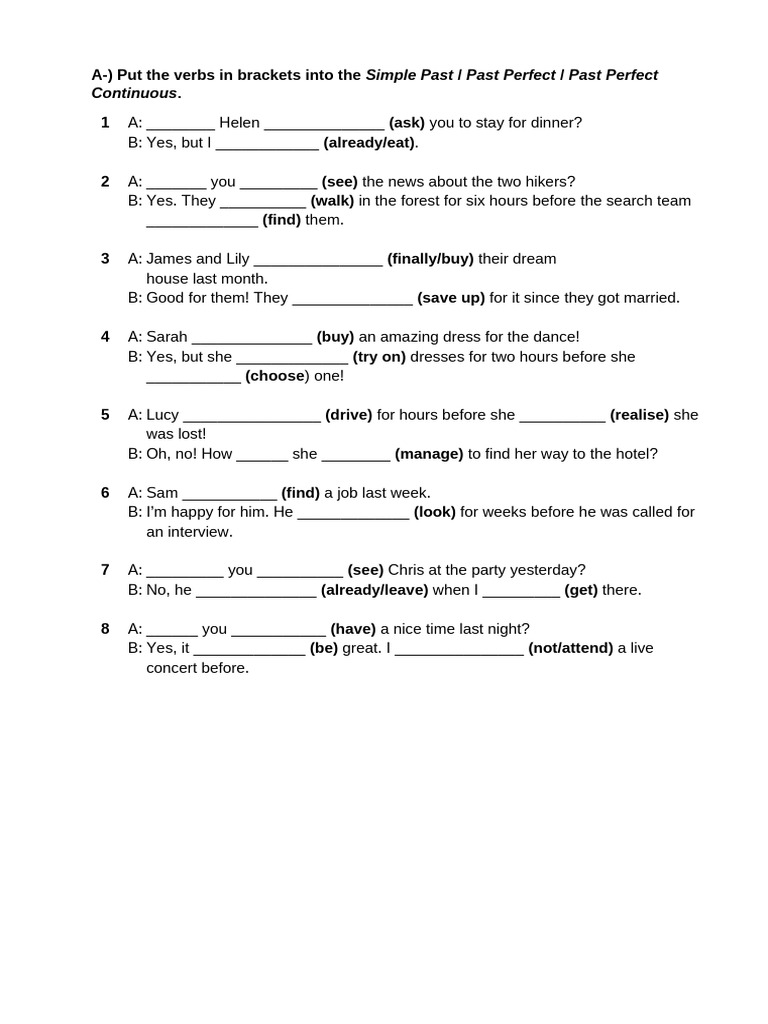 past perf & past perf cont worksheet | PDF