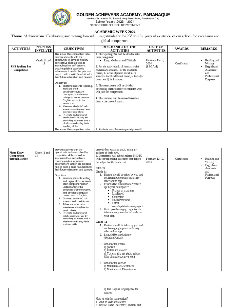English-Academic Week Activity-Plan | PDF