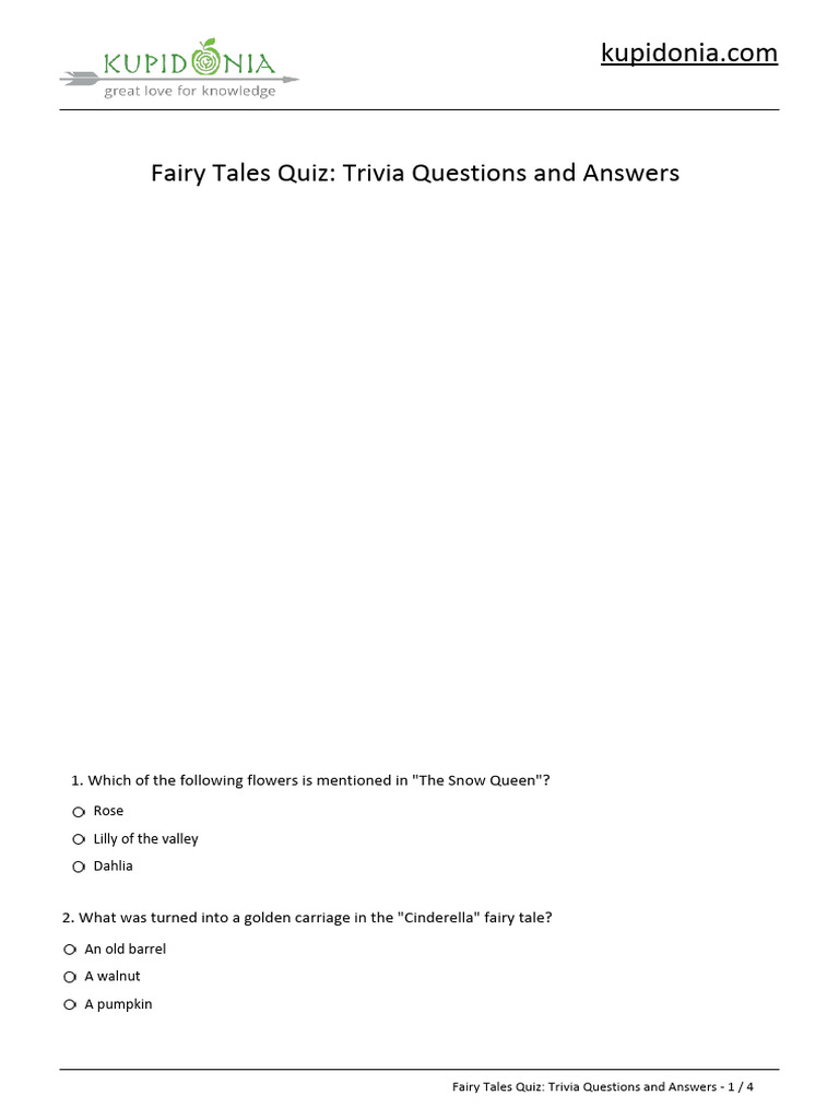 Fairy Tales Quiz Questions and Answers | PDF