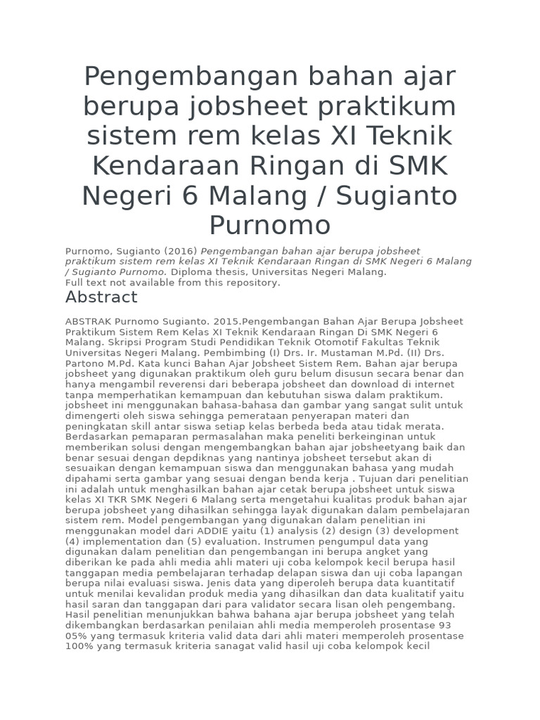 Pengembangan Bahan Ajar Berupa Jobsheet Praktikum Sistem Rem Kelas XI Teknik Kendaraan Ringan Di ...