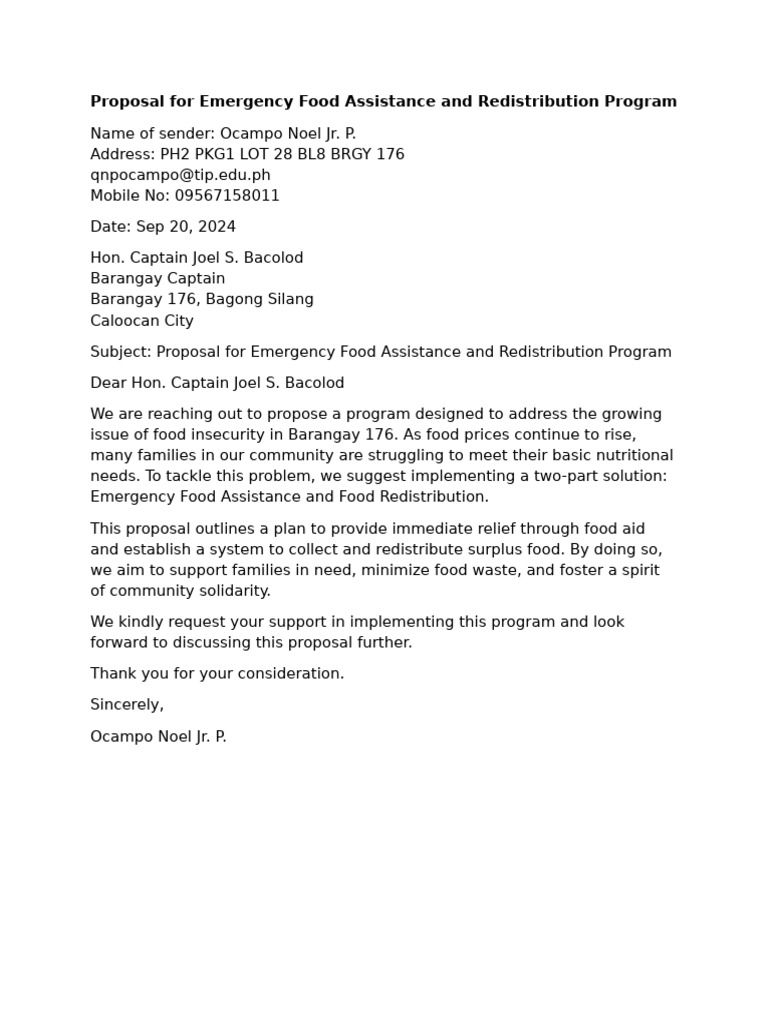 Proposal For Emergency Food Assistance and Redistribution Program | PDF