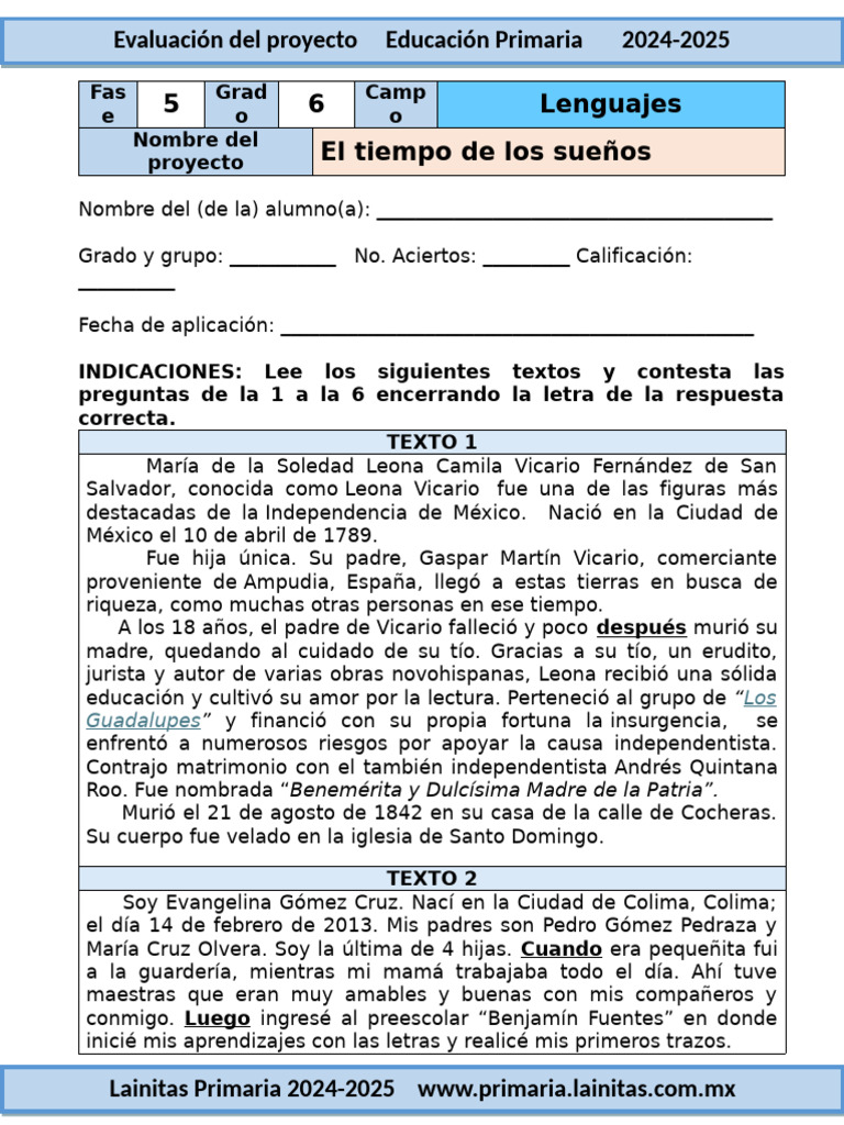 6to Grado Octubre - Examen 01 El Tiempo de Los Sueños (2024-2025) | PDF