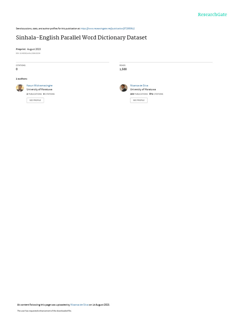 Sinhala-English Parallel Word Dictionary Dataset | PDF