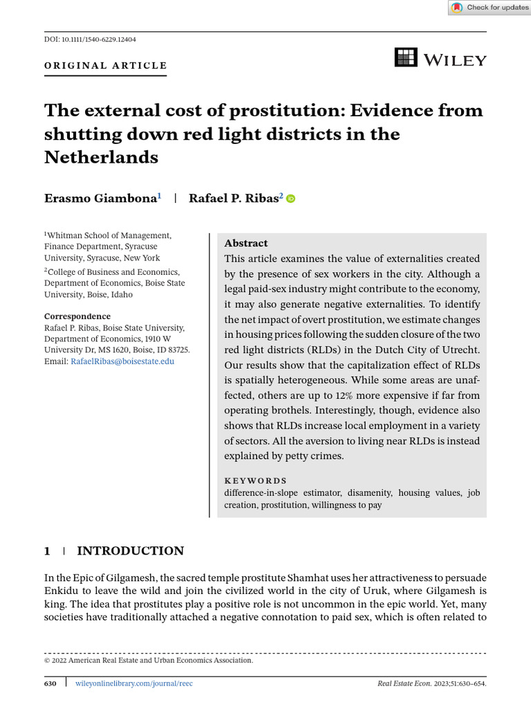 Real Estate Economics - 2022 - Giambona - The External Cost of Prostitution Evidence From ...