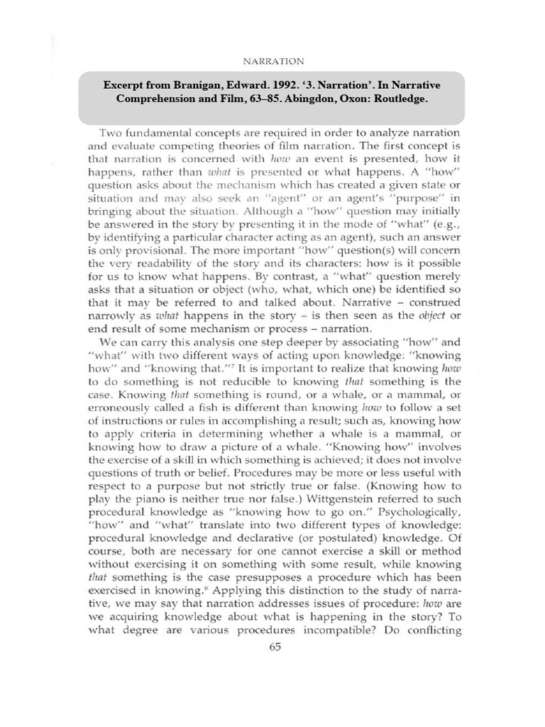 Excerpts From Branigan, Edward (1992) - Narration - in Narrative Comprehension and Film Pp. 63 ...