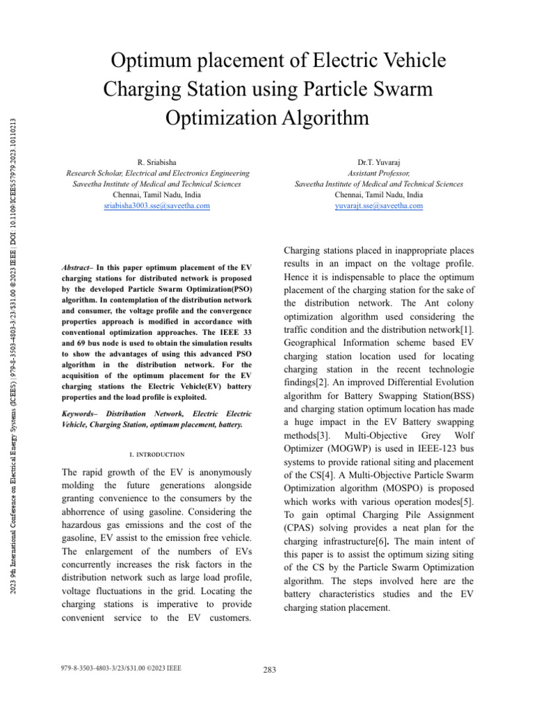 Optimum Placement of Electric Vehicle Charging Station Using Particle ...