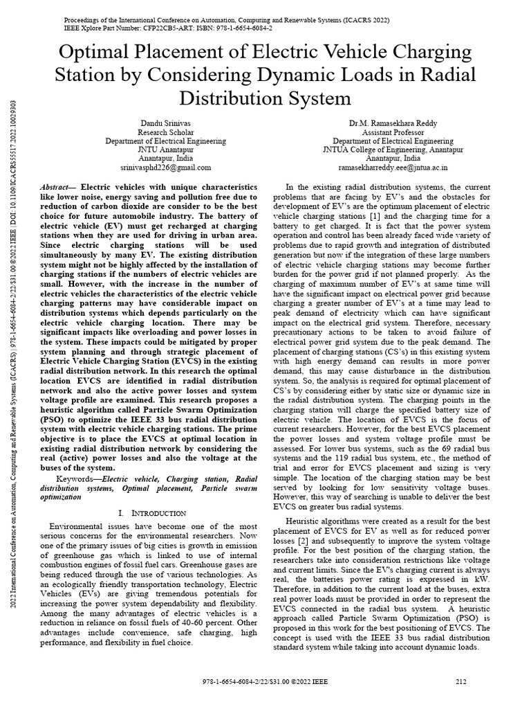 Optimal Placement of Electric Vehicle Charging Station by Considering Dynamic Loads in Radial ...