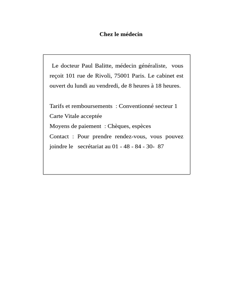 Fiche de Lecture Chez Le Medecin Comprehension Ecrite Texte Questions ...