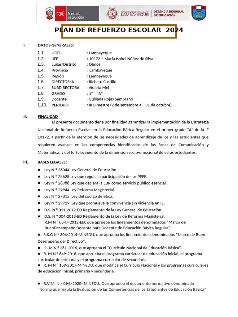 PLAN DE REFUERZO ESCOLAR 2024 | PDF