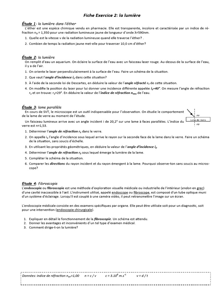 fiche exercice 2 la lumière | PDF