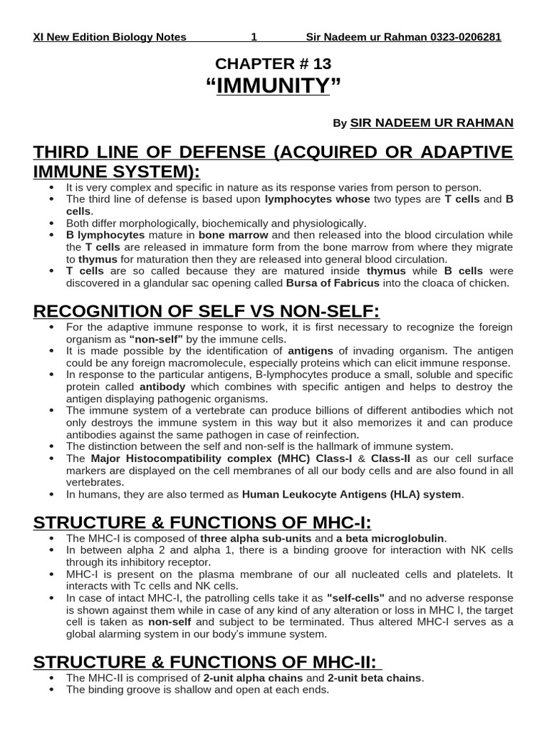 XI Biology New Notes Chapter 13 Immunity Remaining Topics 2024 | PDF