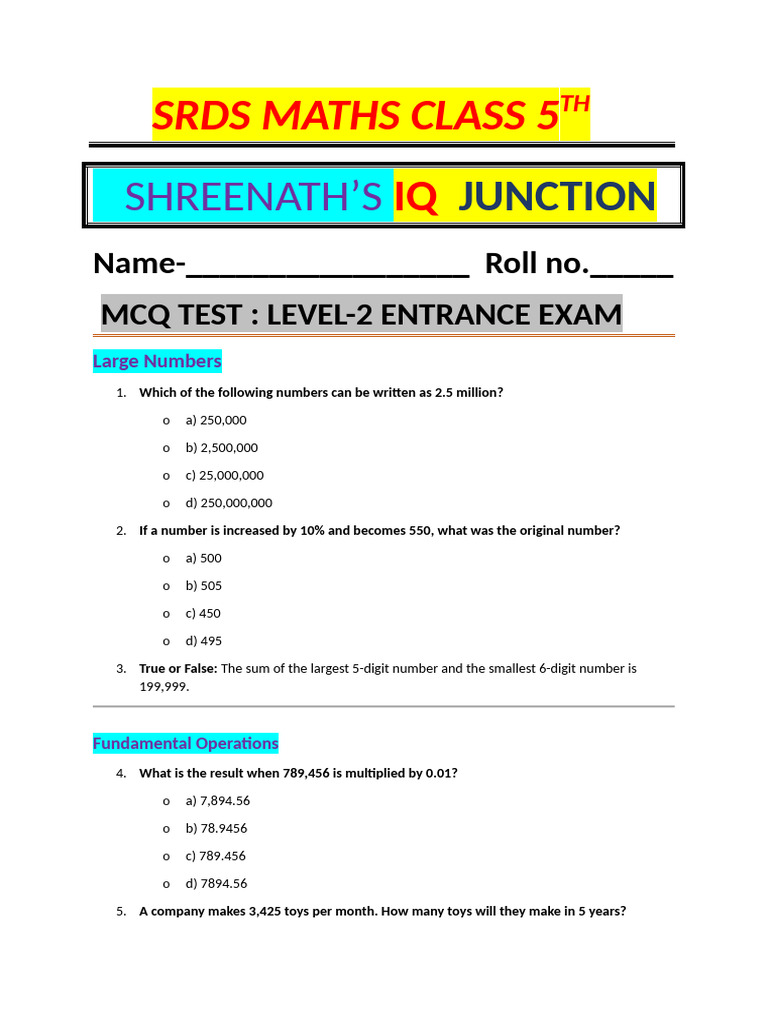 SRDS MATHS CLASS 5TH Maths Leve - 2 Entrance Exam MCQ Test | PDF