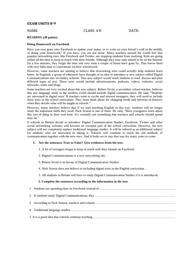 EXAM UNIT8-9 Reading - Listening | PDF