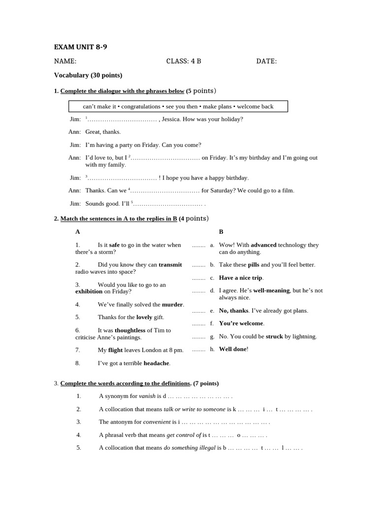 EXAM UNIT8-9 4b Vocabulary Grammar | PDF