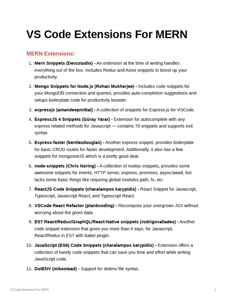 VS Code Extensions For MERN | PDF