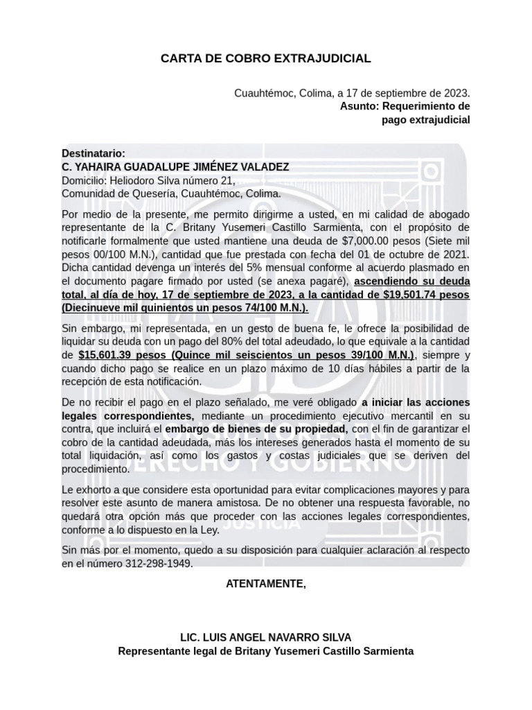 Carta De Cobro Extrajudicial Pdf