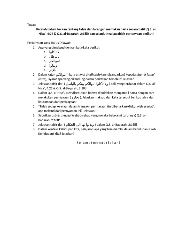 Tugas Kuliah Tafsir Larangan Mangambil Harta Secara Batil | PDF