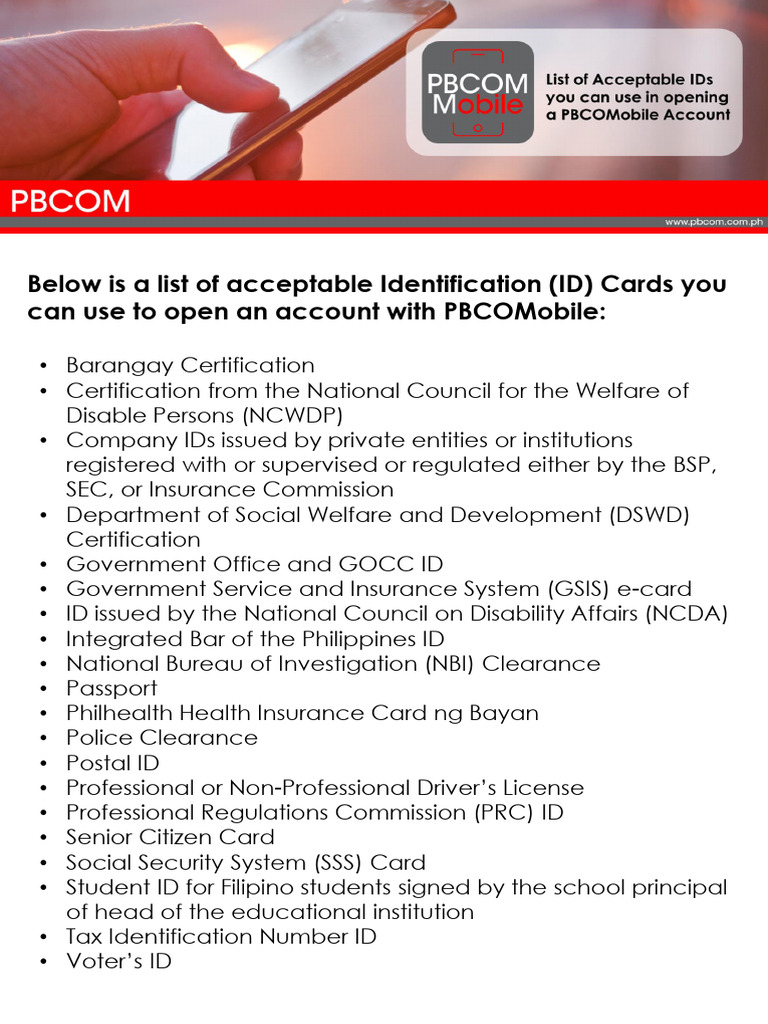 Below Is A List of Acceptable Identification (Id) Cards You Can Use To Open An Account With ...