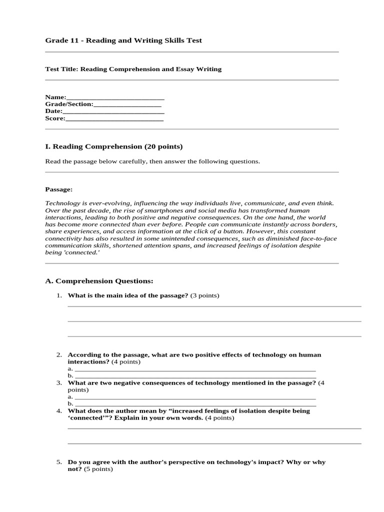 Grade 11 - Reading and Writing Skills Test | PDF