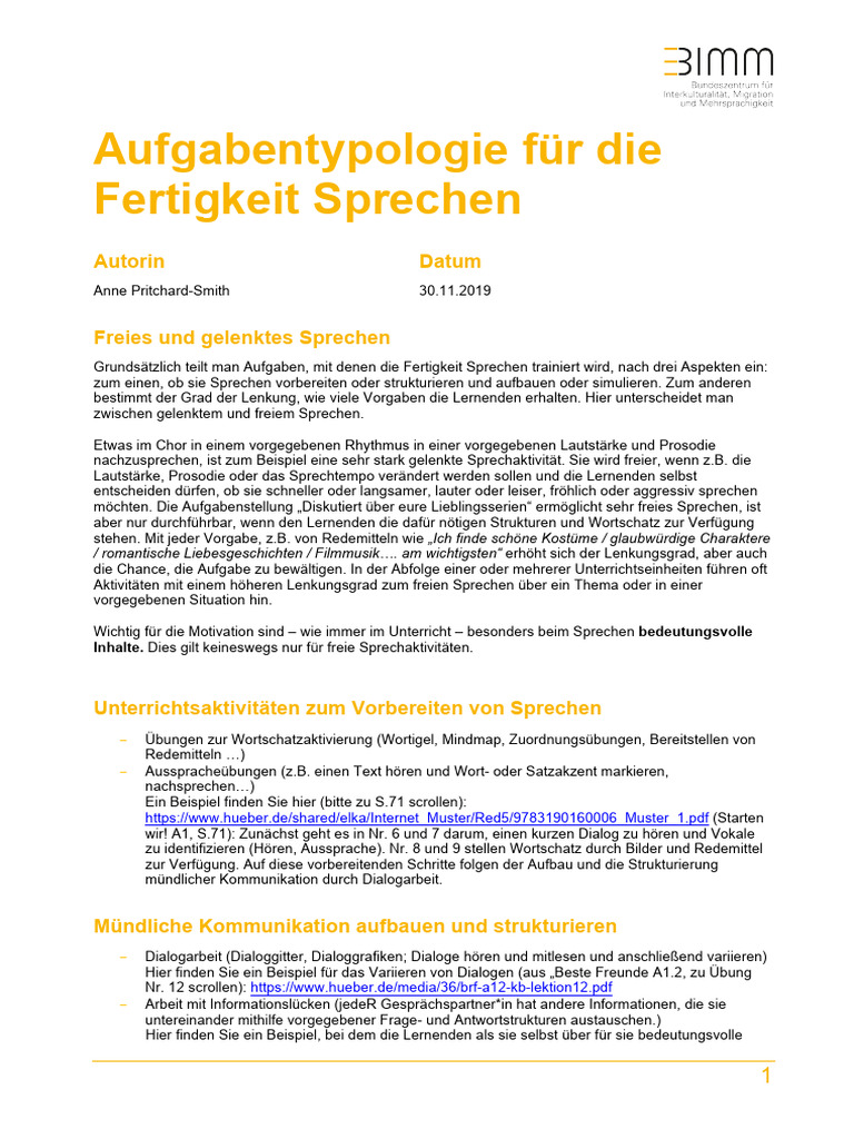 Aufgabentypologie Für Die Fertigkeit Sprechen: Autorin Datum | PDF