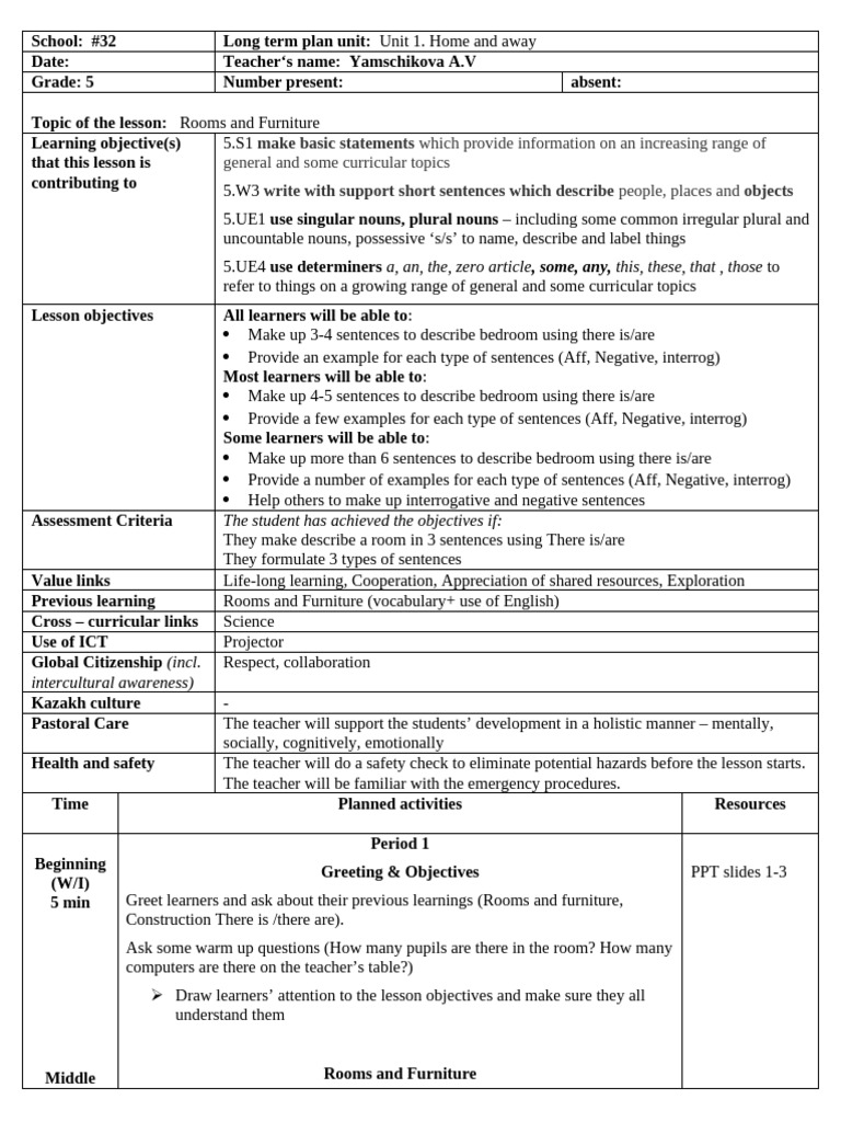 English Grade 5 Unit 1 Home and Away LP (1) | PDF