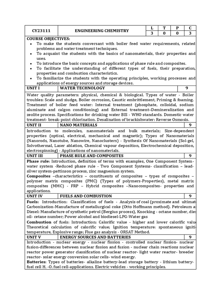 CY23111_ENGINEERING CHEMISTRY_Syllabus | PDF