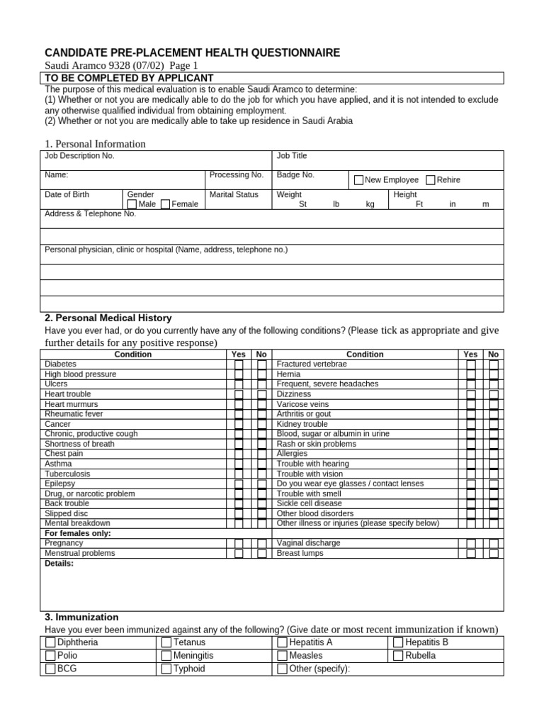 Pre-Placement Health Questionnaire | PDF | Cardiovascular Diseases ...