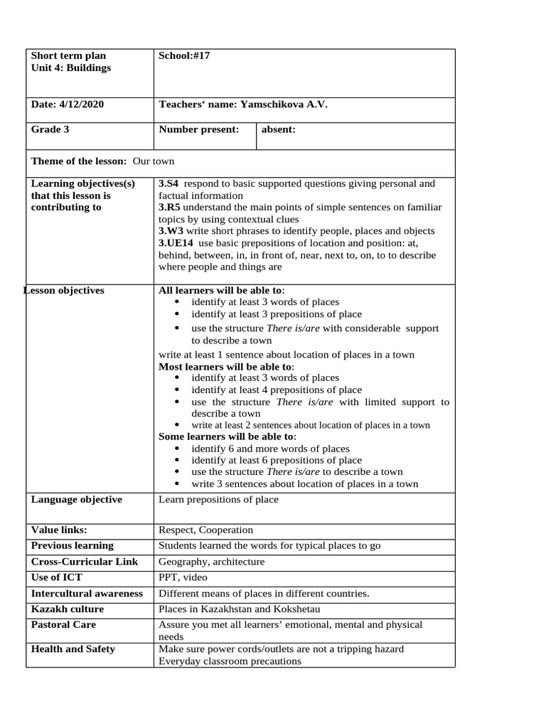 English Grade3 Unit 4 Buildings Our town LESSON PLAN | PDF