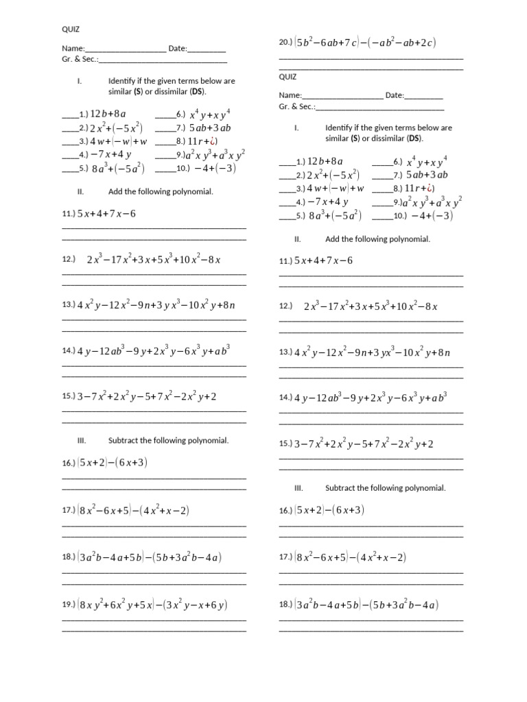 addition of polynomial quiz | PDF