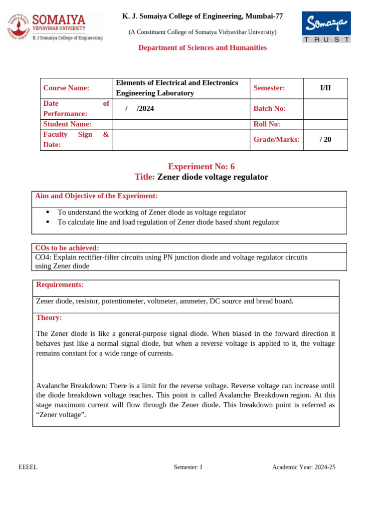 Expt 6 Zener Voltage Regulator 24-25 | PDF