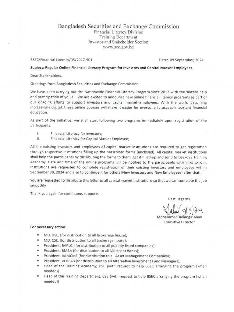 BSEC Letter For Online Training FLD | PDF